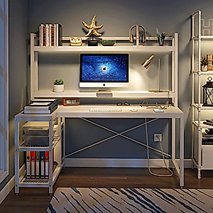 TIYASE Computer Desk with Hutch and Storage Shelves, 51 inch L-Shaped Corner Computer Desk with Power Outlet & Monitor Stand, Large Home Office Study Writing Table with USB Port & Tower Shelf, White