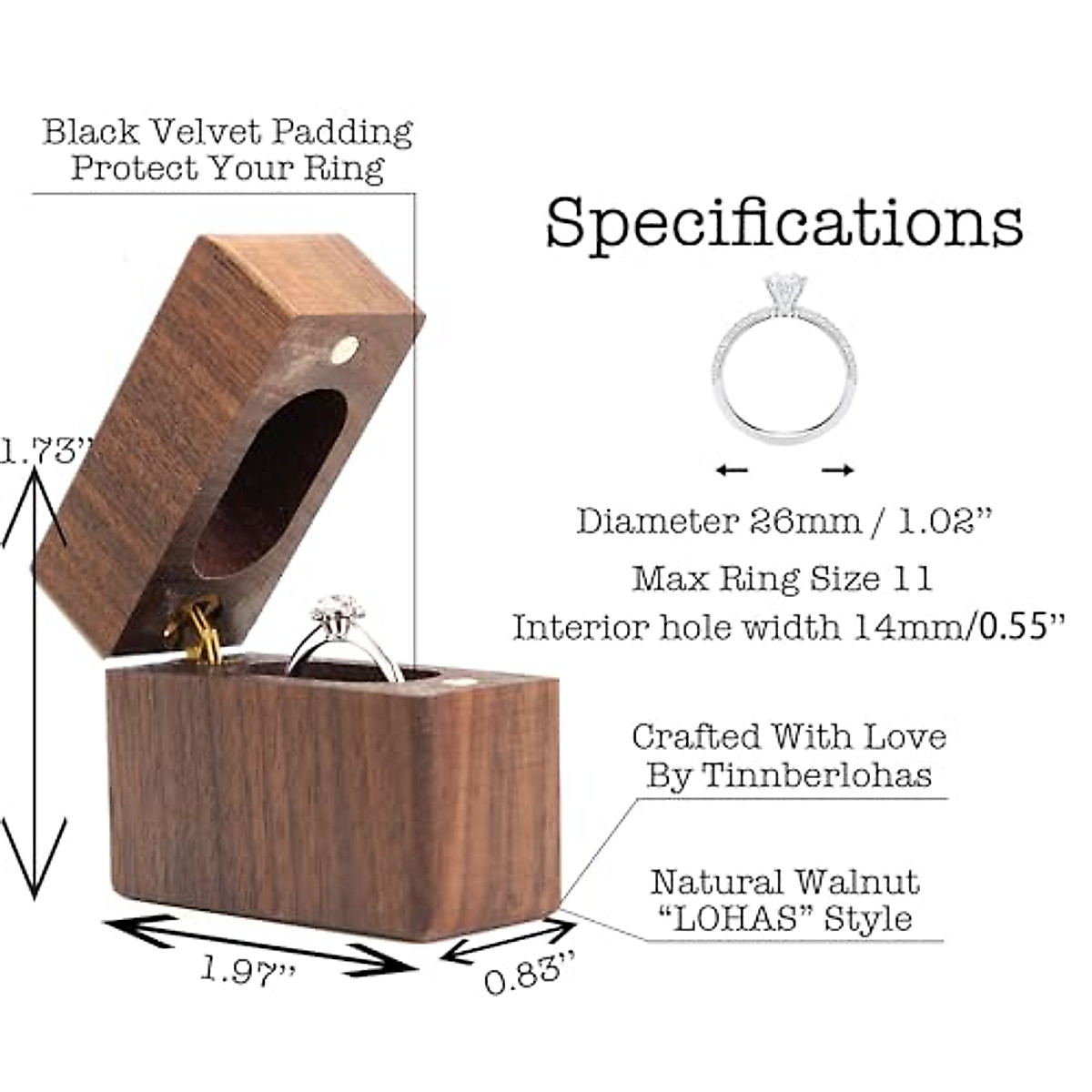 Tinnberlohas Slim Engagement Ring Box - Wood Ring Box for Proposal Wedding Ceremony - Anniversary Birthday Gift Ideas (Walnut Wood)
