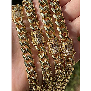 Miami Cuban Link Chain Choker Necklace CZ diamond Lock Real Solid 14K Gold Finish Stainless Steel, Cuban Choker, Cuban necklace, Gold Cuban Chain, 12mm Miami Cuban Link Chain (20)