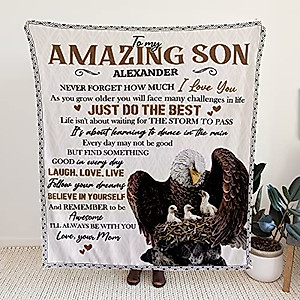 Toyshea Son Blanket from Mom to My Son Personalized Eagle Blankets Son Birthday Gifts from Mother Soft Flannel Fleece Sherpa Throws with Positive Energy Encourage Sayings Bed Couch Sofa Decoration
