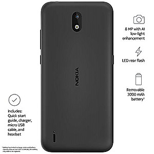 Nokia 1.3 Fully Unlocked Smartphone with 5.7" HD+ Screen, AI-Powered 8 MP Camera and Android 10 Go Edition, Charcoal, 2020 (AT&T/T-Mobile/Cricket/Tracfone/Simple Mobile)