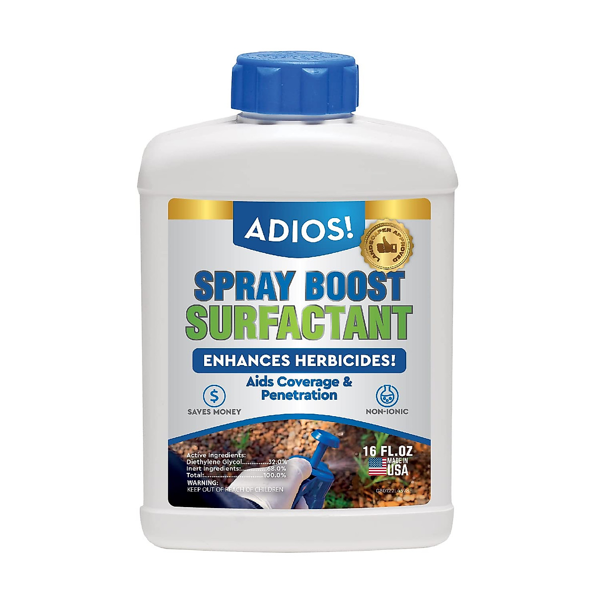 Adios! Spray Boost Surfactant for Herbicide and Weeds, Makes 50 Gallons of Nonionic Wetting Agent (16oz)