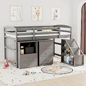 TURRIDU Low Loft Bed with Pullable Storage Staircase and 2 Cabinet, Wooden Stairway Loft Bed with Drawers and Shelves, Twin Size Bed Frame for Girls, Boys, Teens, No Box Spring Needed