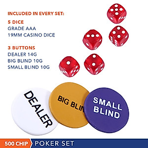 Rally and Roar Professional Poker Set w/ Hard Case, 2 Card Decks, 5 Dice, 3 Buttons - 500 Chips