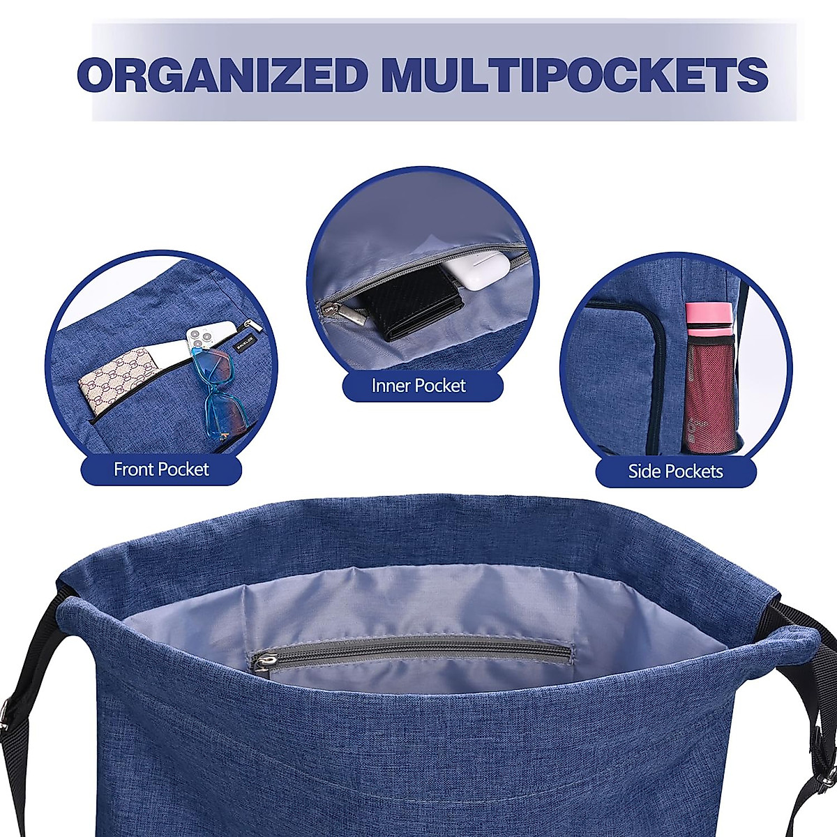 BAVELOE Drawstring Backpack Sports Gym Bag Wet Pocket & Shoe Compartment, Water-Resistant String Bag for Women Men(Navy Blue)