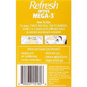 Refresh Optive MEGA-3 Lubricant Eye Drops Preservative-Free Artificial Tears, 0.01 fl oz (0.4 mL), 60 Single-Use Containers