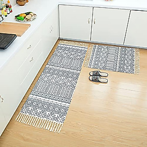 Lacomfy Boho Runner Rug Set 2PC Bathroom Rugs and Mats Black and White Moroccan Floor Mat Throw Rug for Bedroom Living Room Kitchen Laundry Room Farmhouse Decor, Cotton Bohemia Rug with Tassels