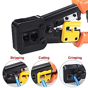 RJ45 Crimp Tool Ethernet Crimper for RJ45 Cat6 Cat5 Cat5e Pass Through Connectors and RJ12 Plug Ends with 50PCS RJ45 Cat6 Connectors, RJ45 Cable Tester and Mini Wire Stripper