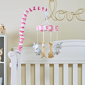 Precious Moments Noah’s Ark Baby Musical Crib Mobile for Girls with Soft Lullaby; Baby Elephant and Giraffe Safari Nursery Décor; Bright and Light Pink, Gray and White Baby Mobile Crib Toy with Music