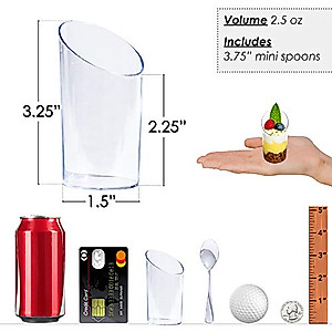 DLux 32 x 2.5 oz Mini Dessert Cups with Spoons, Slanted Round - Clear Plastic Parfait Appetizer Cup - Small Reusable Serving Bowl for Tasting Party Desserts Appetizers - With Recipe Ebook