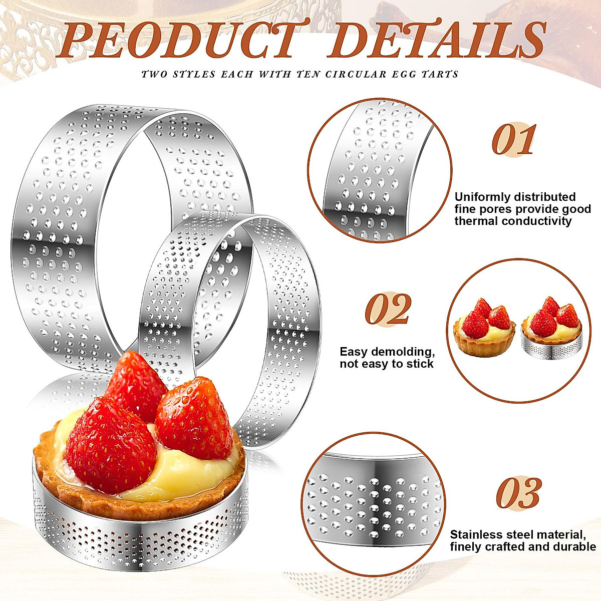 Mumufy 20 Pcs Perforated Tart Rings Round Stainless Steel Tart Rings for Baking Nonstick Metal Round Cake Ring for Pastry French Dessert Mousse Food Crisp Home Food Making Tool (2'',3.15'')
