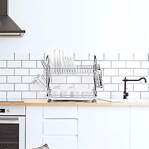 Glotoch 2-Tier Full Sized Dish Drying Rack with Utensil Holder and Cup Holder with Dish Water Drain Board Tray Rustproof Chrome Plating 16.5 x 10 x 15 Inches Storage Space Saving Kitchen Organizer