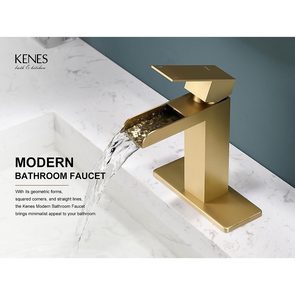 KENES Brushed Gold Waterfall Bathroom Faucet, Modern Single Hole Faucet, Gold Single Handle Bathroom Sink Faucet, with Pop Up Drain & Water Supply Hoses LJ-9035-4