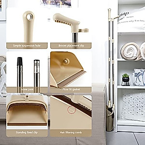 BoxedHome Household Broom and Dustpan Set Long Handle Broom Cleaning for Office Home Kitchen Floor Use, Upright Standing Broom and Dustpan Set for Home (Khaki)