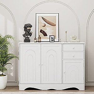 HORSTORS White Sideboard Buffet Cabinet with Storage, Kitchen Buffet Storage Cabinet with 2 Drawers & 3 Doors, Wood Coffee Bar Buffet Table Console Cabinet for Kitchen, Dining Room, White