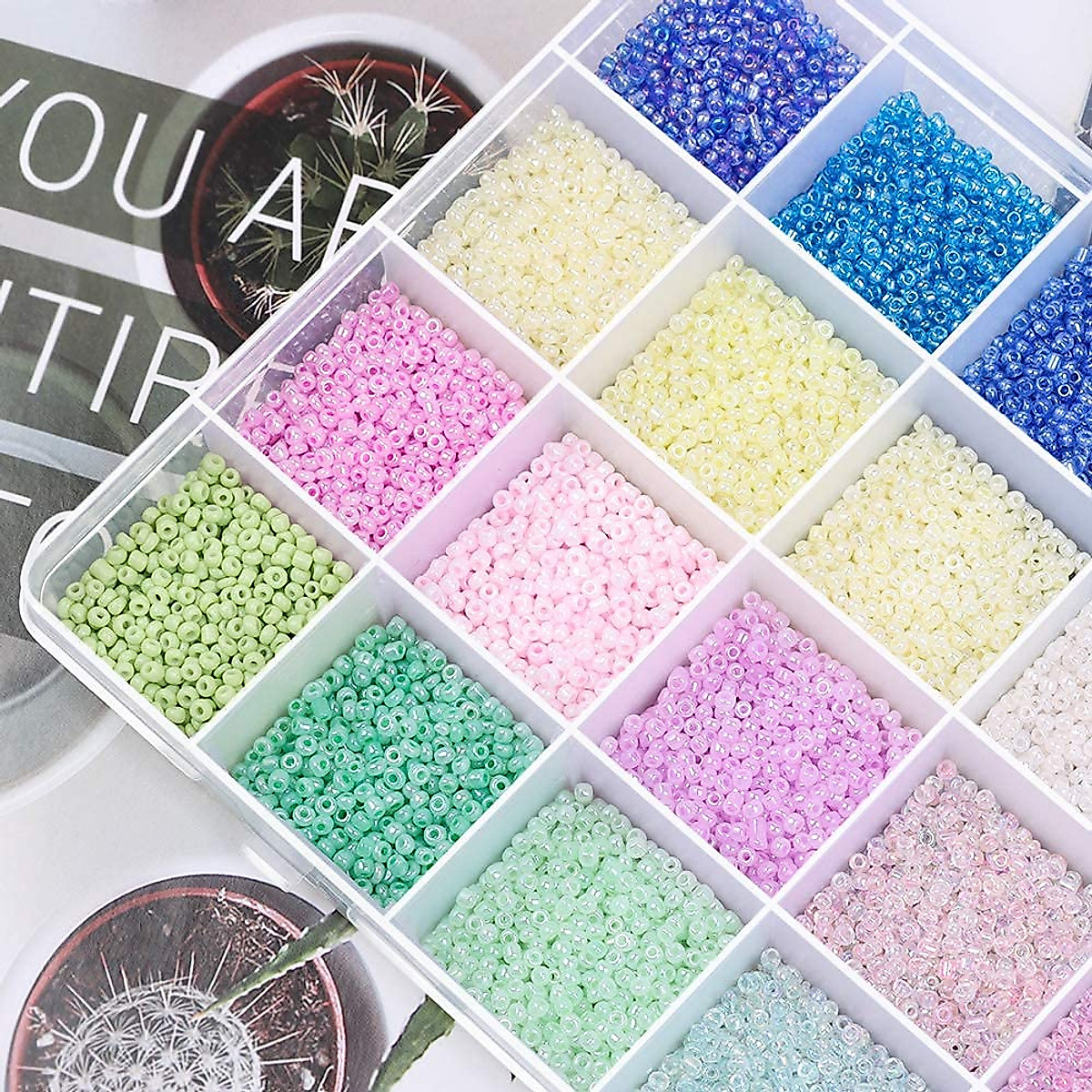 Yholin Glass Seed Beads Started Kit, 12000pcs 2mm 12/0 Small Craft Beads with Beading Needle,Tweezers and Elastic String for DIY Bracelet Necklace Jewelry Making Supplies