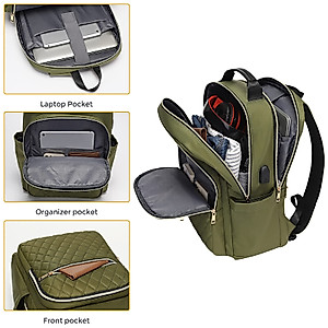 Modoker 15.6 Inch Laptop Backpack for Women, Quilted Work Backpack for Women Bookbag Teacher Backpack, Travel Backpack with USB Charging Port, Backpack Purse for Women Nurse, Green