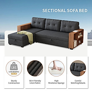 YOPTO 84" L-Shape Upholstered Sleeper Sectional Sofa with Storage Chaise & Pull Out Bed,Convertible Corner Couch Bed W/Cabinet Armrests & Removable Back Cushions for Living Room,Office,Dark Grey