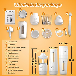 Portable Blender for Shakes and Smoothies - 3 in 1 Personal Blender with Citrus Juicer and Pure Juicer, Smoothie Blender with 12 Oz Travel Cup and Lid, USB Rechargeable Smoothie Maker Mini Blender