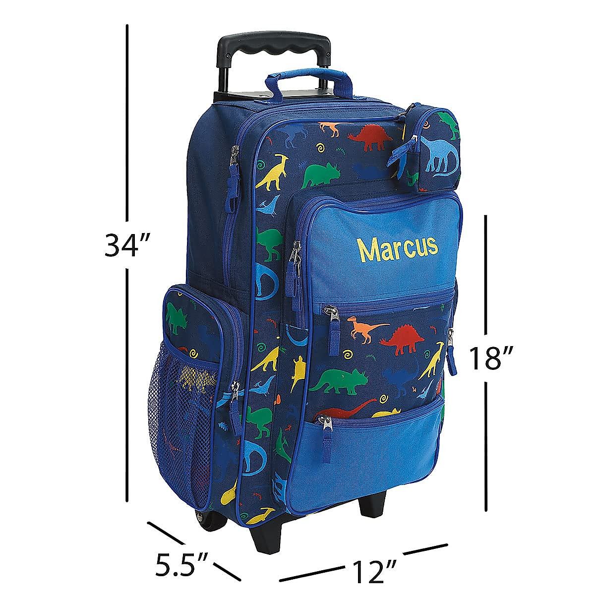 Lillian Vernon Personalized Rolling Luggage for Kids, 5-Pocket Dinosaur Suitcase Set With Clip-On Pouch, Customizable Boys Travel Carrier on Wheels, 6W x 15.5L x 23”H