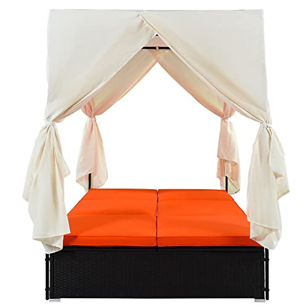 LUMISOL Outdoor Patio Wicker Daybed Sunbed with Retractable Canopy Sun Lounger with Curtains Garden Furniture (Orange)