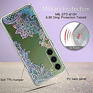 Coolwee Clear Glitter for Samsung Galaxy S23 Plus Case Thin Flower Slim Cute Crystal Lace Bling Sparkle Floral Hard Plastic Cover Back Soft TPU Bumper Protective Mandala Henna Anti Yellowing