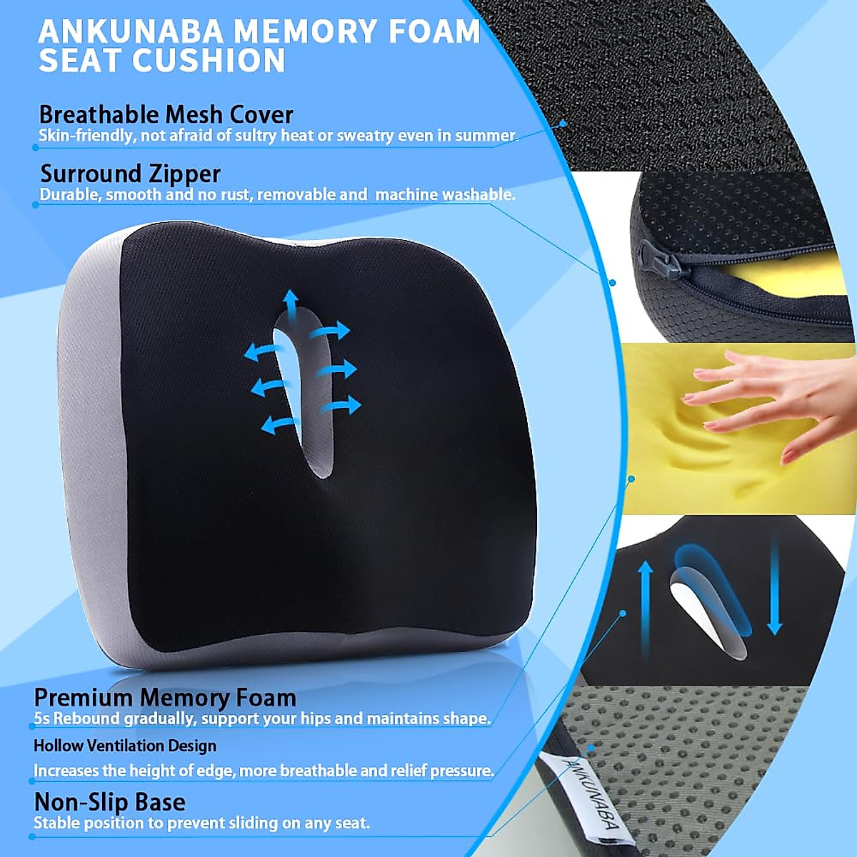 ANKUNABA Seat Cushions for Office Chairs, Large Memory Foam Chair Pad for Coccyx Tailbone Sciatica Back Pain Relief, Orthopedic Butt Pillow for Desk Car Wheelchair Computer Long Sitting (Black)