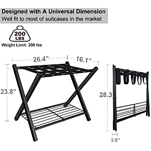 Fandature Folding Luggage Rack for Guest Room, Metal Foldable Suitcase Stand Holder with Metal Shelf for Bedroom, Black, 1 pack