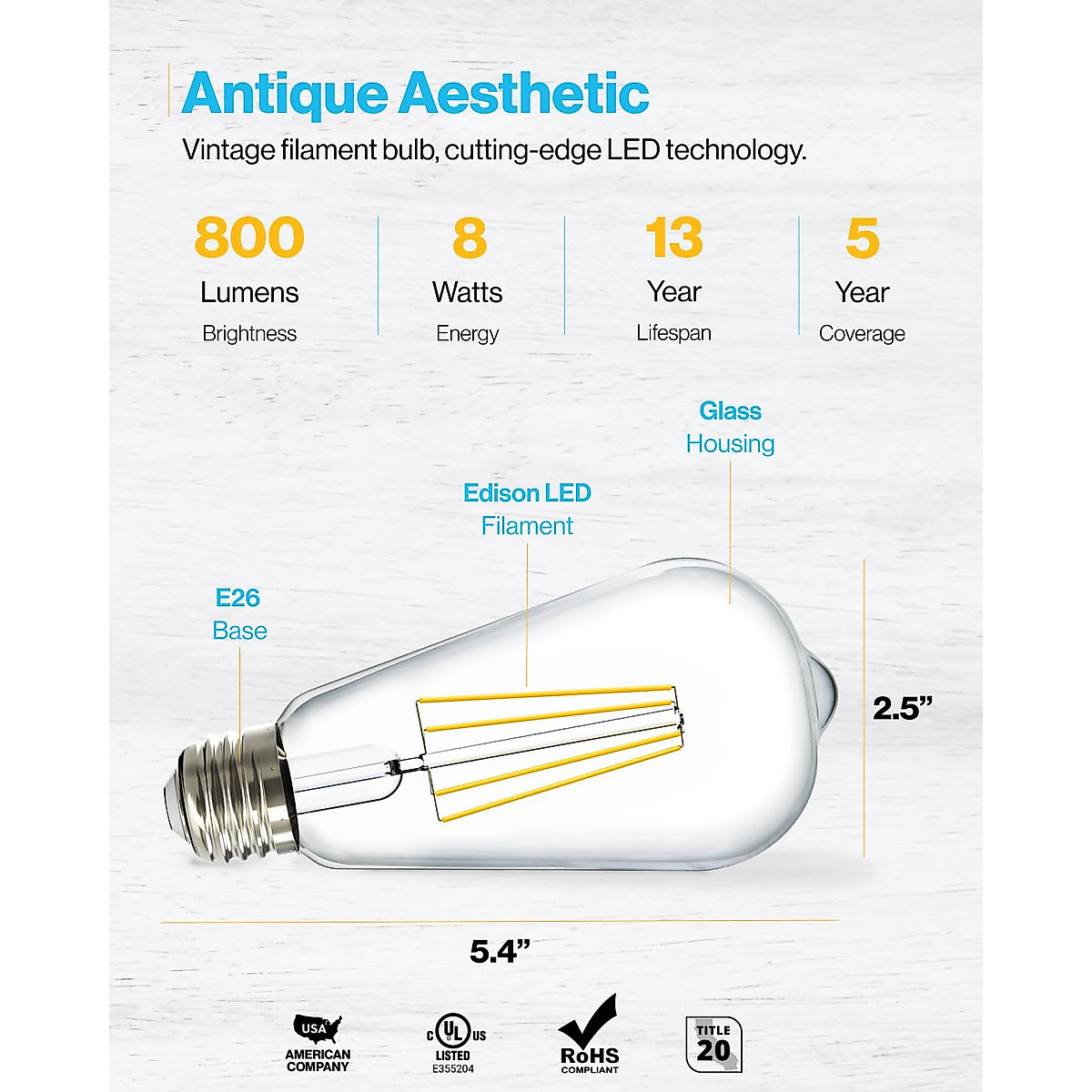 Sunco 10 Pack 60W Vintage LED Edison Bulbs Equivalent 8.5W CRI92 800 Lumens, Dimmable ST64 Filament 2700K Soft White E26 Medium Base Light Bulbs High Brightness Clear Glass Waterproof UL