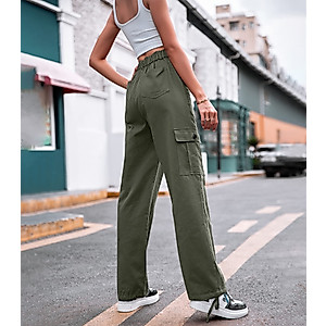 ZMPSIISA Women High Waisted Cargo Pants Wide Leg Casual Pants 6 Pockets Combat Military Trousers(Green,Small)