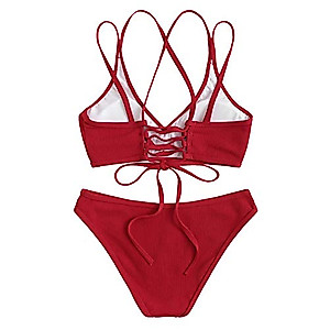 SweatyRocks Women's Bathing Suits Spaghetti Strap Criss Cross Back Bikini Ribbed Swimsuit Red Small