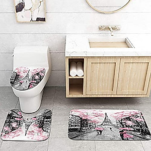 Britimes 4 Piece Shower Curtain Sets, with 12 Hooks, Oil Painting Pink Gray Paris with Non-Slip Rugs, Toilet Lid Cover and Bath Mat, Durable and Waterproof, for Bathroom Decor Set, 72" x 72"