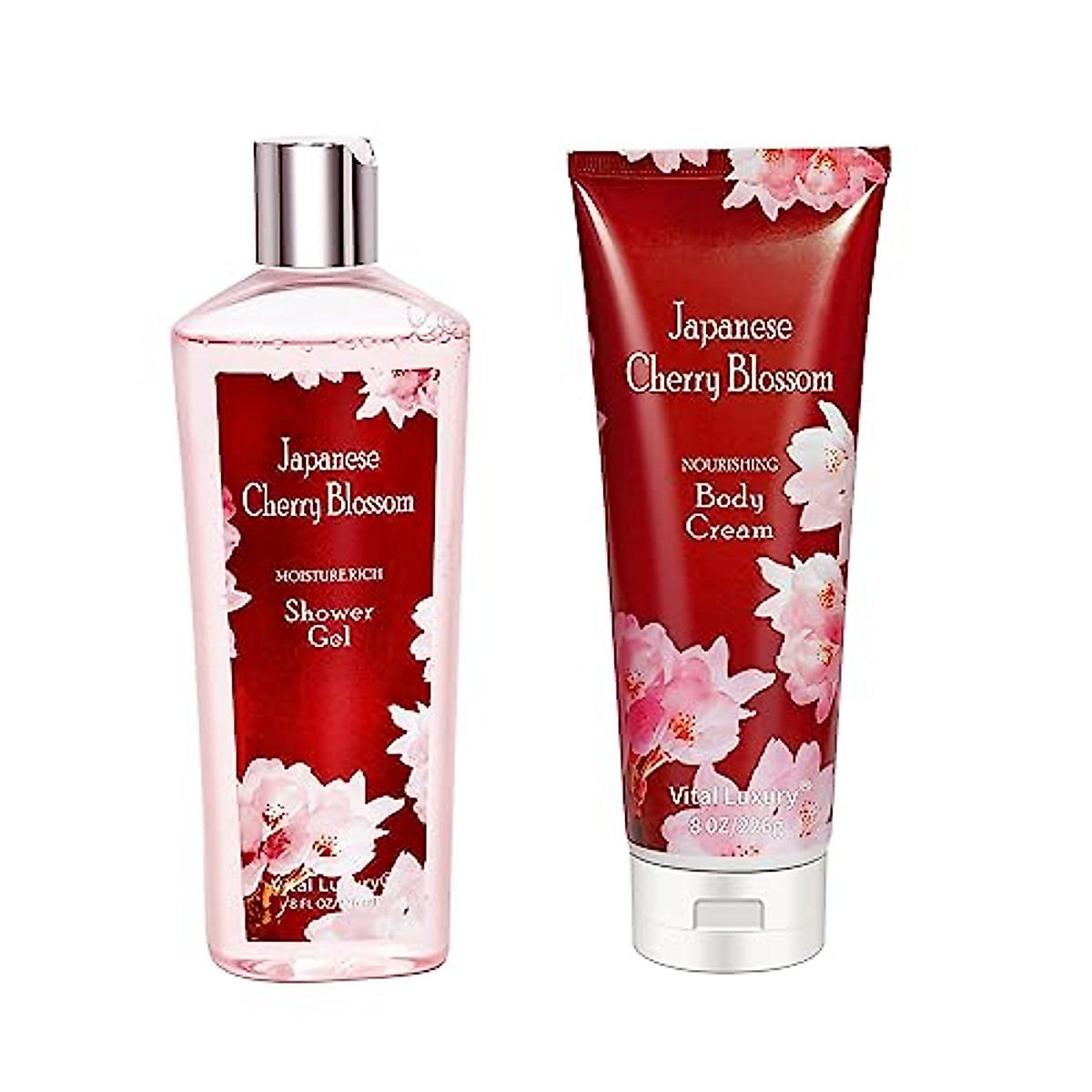 Vital Luxury Japanese Cherry Blossom Shower Gel and Body Cream Set - Nourishing and Moisturizing Daily Skincare - 8 fl.oz / 236mL Each, Birthday Mother's Valentine's Day Gifts for Her and Him