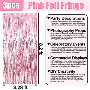 3 Pack Pink Foil Fringe Curtain Backdrop, 3.28Ft x 8.2Ft Metallic Tinsel Foil Fringe Streamer Curtains for Photo Booth, Christmas Day, Thanksgiving, Wedding, New Year Party Decorations