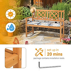 Outvita Wooden Garden Bench, Outdoor Wood Patio Bench, Rustic Two Person Loveseat Chair w/Armrest for Porch Poolside Park Backyard Balcony, Capacity 605Lbs, Grid Backrest