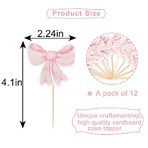12Pcs Pink Bow Cupcake Toppers - Girls Birthday Party Decorations,Bow Tie Birthday Cupcake Toppers,Bachelorette Wedding Party Decorations,Pink Bow Girl Cake Smash Photo Props