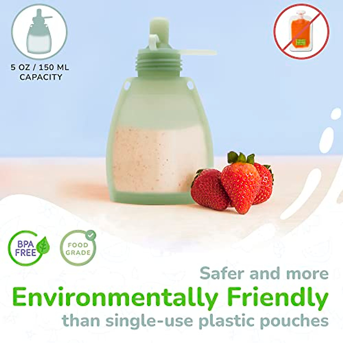 KAANG Silicone Baby Food Pouches Refillable 5oz 2 Pack, Reusable Food Pouches for Baby Food Storage with Spoon Feeder for Toddlers and Babies, Make Homemade Organic Food (Green)