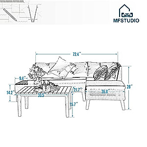 MFSTUDIO 3 Pieces Patio Rattan Furniture Set，Outdoor Wicker and Acacia Wood Sectional Sofa Set for Garden,Backyard,Poolside(Navy Blue)