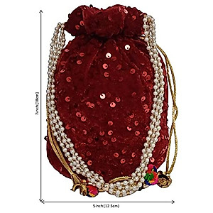 Purpledip Blingy Shiny Chenille Potli Bag (Clutch, Drawstring Purse) For Women: Red Sequin Embroidery Work (12530A)
