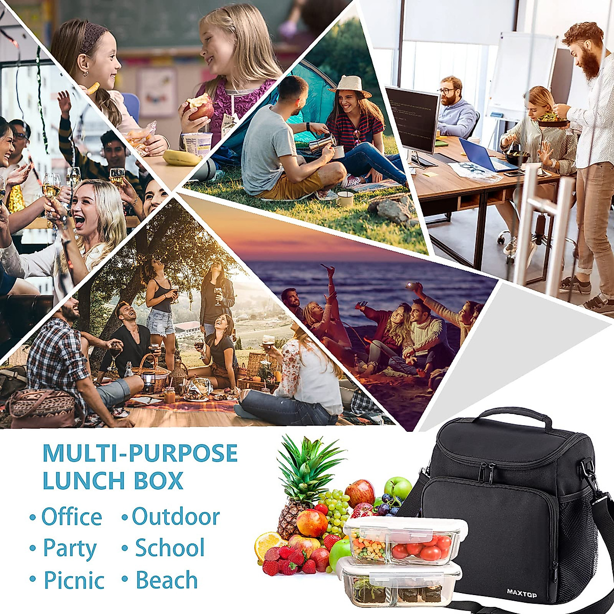 MAXTOP Lunch Box for Men & Women, Reusable Insulated Lunch Cooler Bags for Women with Adjustable Strap, medium Thermal Lunch Tote Bag for Office Work Hiking Outdoor Picnic Beach