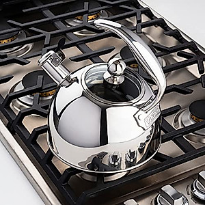 Viking Culinary 3-Ply Stainless Steel Whistling Tea Kettle, 2.6 Quart, Includes Tempered Glass Lid, Ergonomic Stay-Cool Handle, Works on All Cooktops including Induction, Mirror Finish