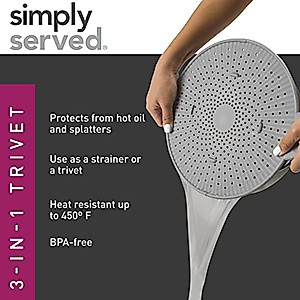 Simply Served Silicone Splatter Screen, Multi-Use Kitchen Tool, Protect Stovetop and Counters, 3-in-1 Silicone Kitchen Trivet, Splatter Screen, and Colander Lid, Gray