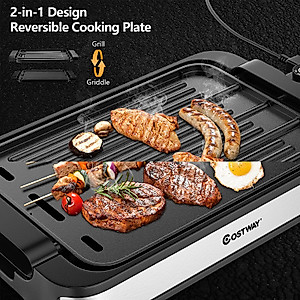 COSTWAY 2-in-1 Smokeless Indoor Grill, 1500W Electric Griddle w/Non-stick Reversible Cooking Plate, Large Drip Tray, Temperature Control, Dishwasher-safe