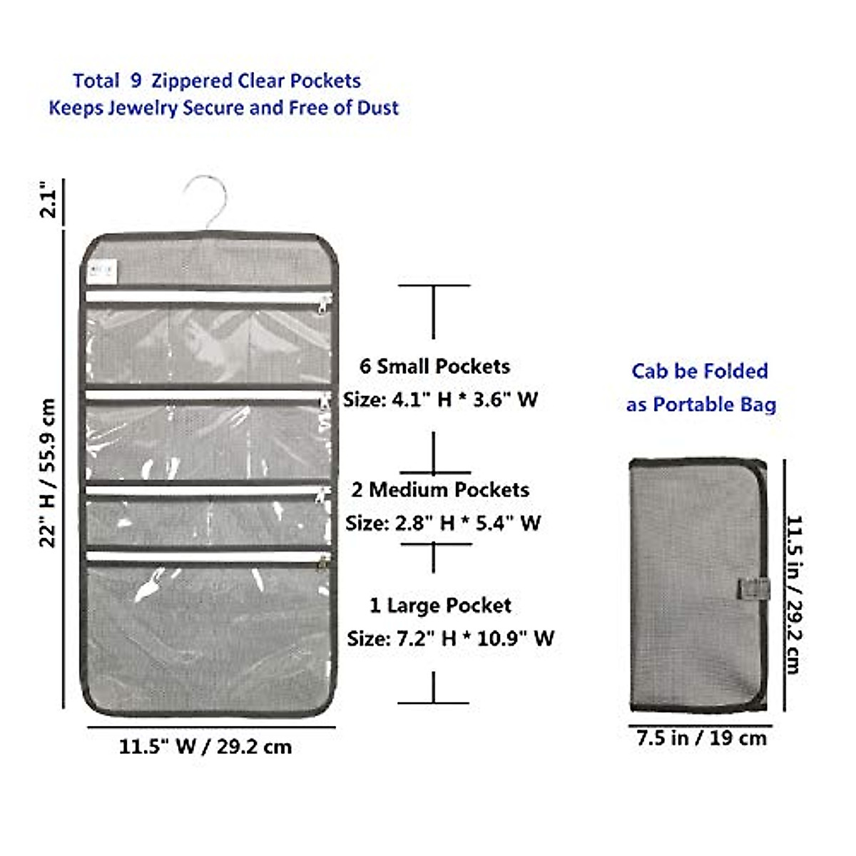 ANIZER Travel Foldable Jewelry Rolls Bag Hanging Jewelry Organizer with 9 Zippered Clear Pockets Storage Pouch with Rotatable Hanger (GREY)