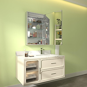 ES-DIY Lighted Medicine Cabinet 20 x 32 Inch, Recessed or Surface led Medicine Cabinet, Clock, Room Temp Display,Defog,Night Light,Stepless Dimming,3000K-6400K, Outlets & USBs,Hinge on The Right