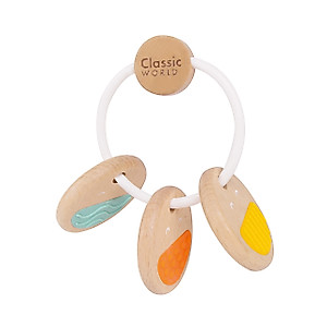 Classic World Wooden Rattle Teether Teething Toy Natural Teether, Rattle Key with Silicone, Wood Teether