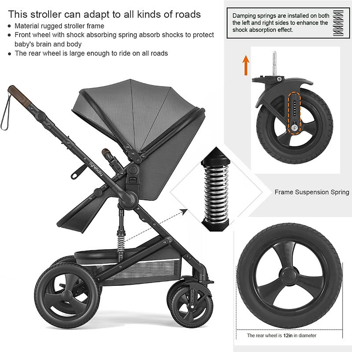 Baby Stroller for Newborn to Toddler, Cynebaby Bassinet Stroller Luxury Infant Pushchair Multi Position Reclining Pram with Mommy Bag/footmuff