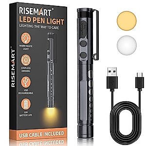 RISEMART Pen Light for Nurse, Rechargeable LED Medical PenLight, Warm/Cool White & Stepless Dimming, Portable Medical PenLight for Nurse, Doctor, First Aid, EMT, Nursing,Nursing Student (Black)
