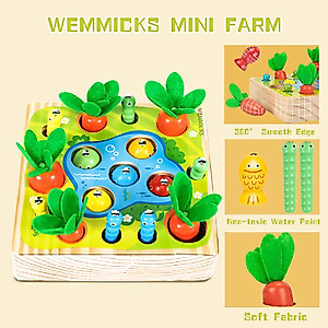 WEMMICKS Montessori Toy for 2 3 4 Year Old, Toddler Toy with Carrot Harvest and Magnetic Fishing Game, ​Fine Motor Skill Wooden Toy for 2-4 Year Old Boys and Girls Baby Preschool Learning Gift