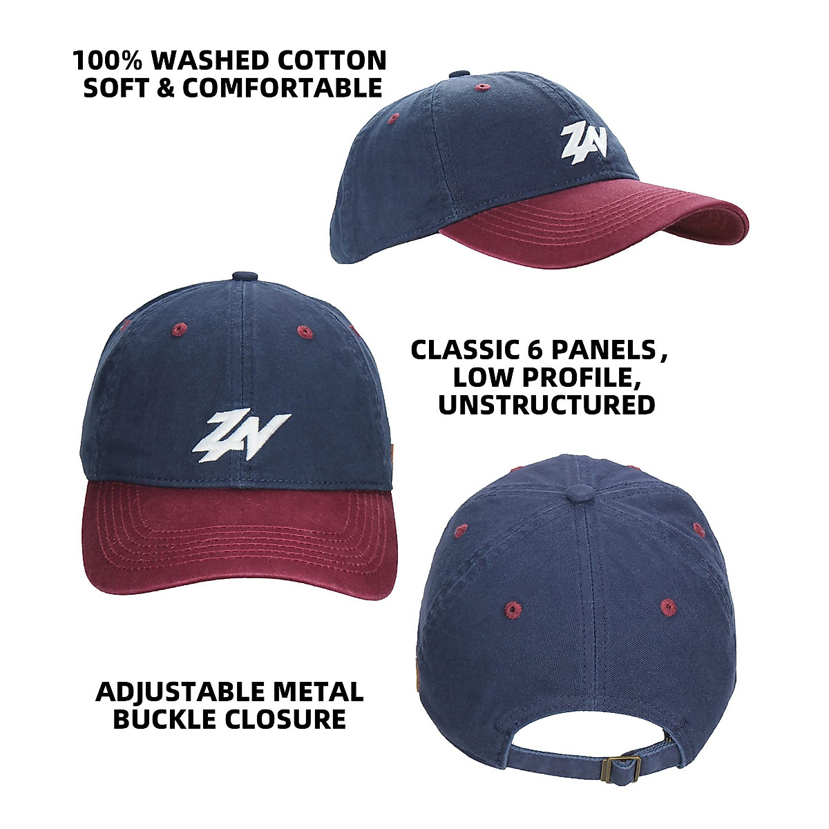 Unisex Vintage Washed Twill Cotton Baseball Cap Soft Unstructured Adjustable Dad Hat (Navy/Garnet)